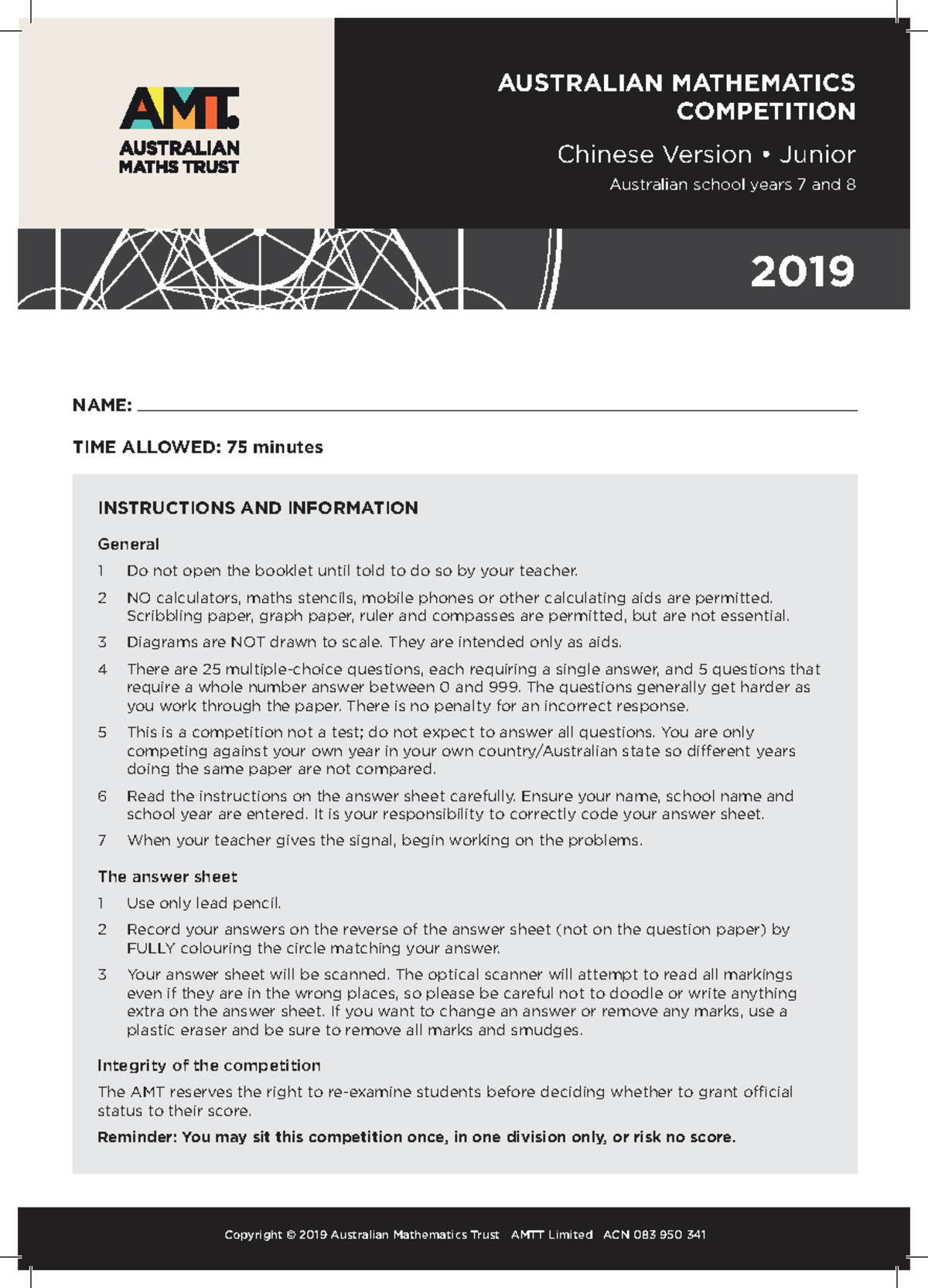 2019 AMC Junior - Australian Mathematics Competition Overview and ...