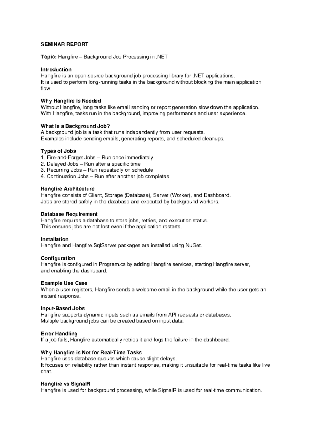 SEMINAR REPORT: Hangfire Background Job Processing in .NET - Studocu