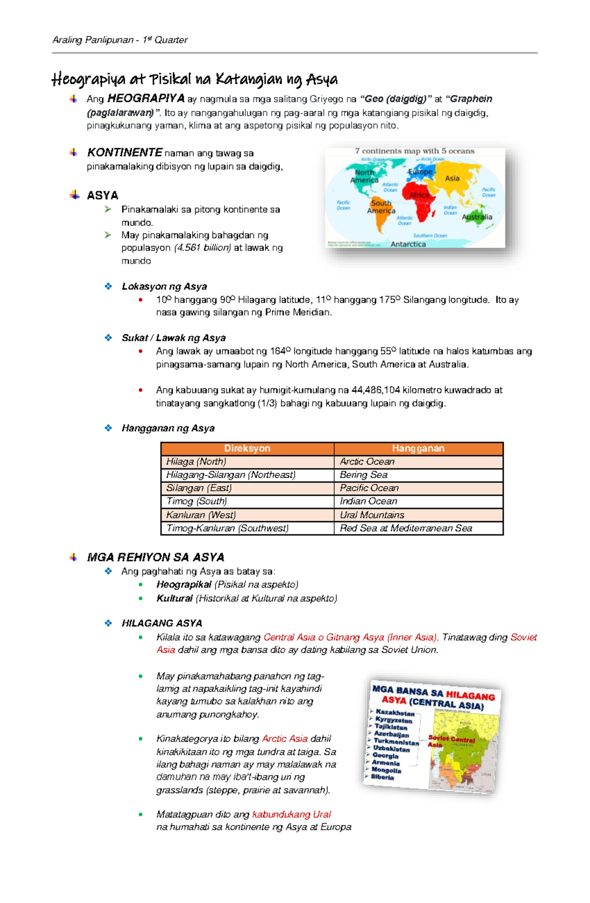 AP 1st Qtr Notes: Heograpiya at Pisikal na Katangian ng Asya - Studocu