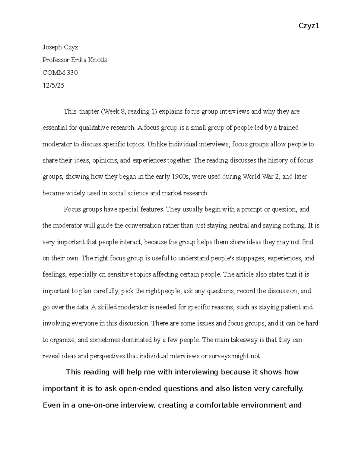 COMM 330 Week 8 Reading: Importance of Focus Group Interviews - Studocu