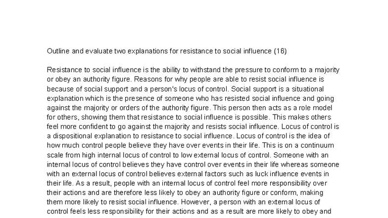 Evaluating Explanations for Resistance to Social Influence (16 Marks ...