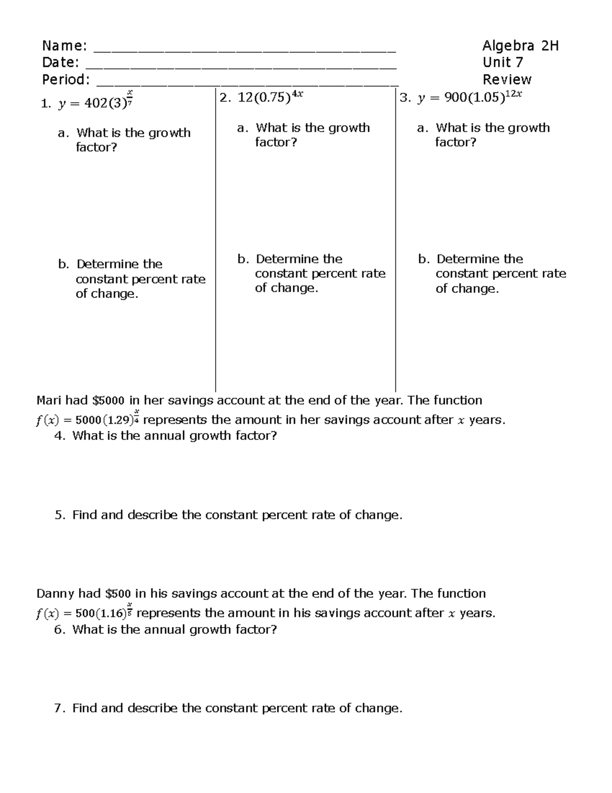 Algebra 2H Unit 7 Review - Studocu