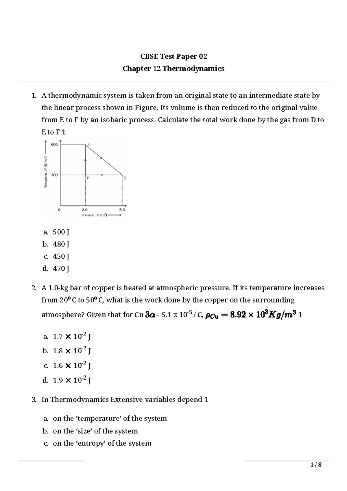 CBSE Test Paper 02: Chapter 12 Thermodynamics Analysis and Solutions ...