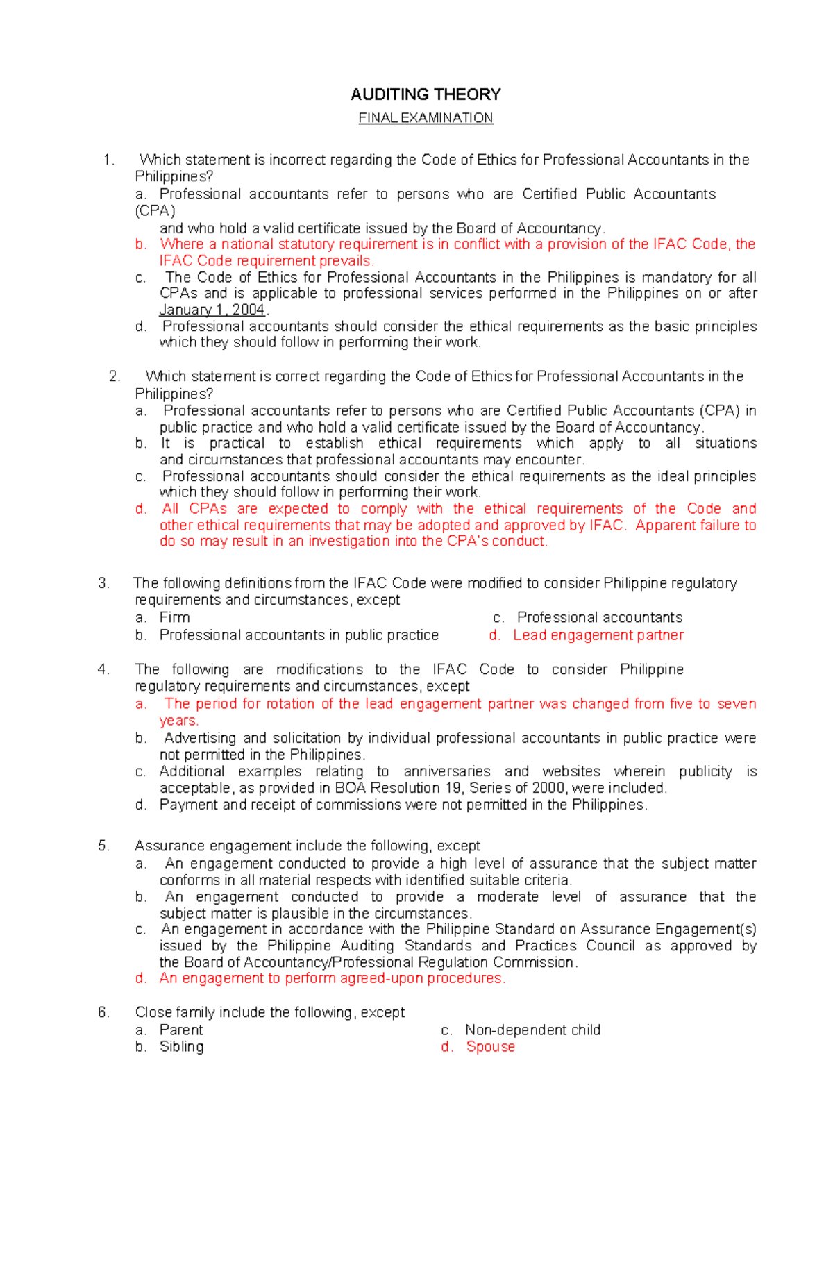 Final Examination in Auditing Theory with answer - AUDITING THEORY FINAL EXAMINATION Which ...