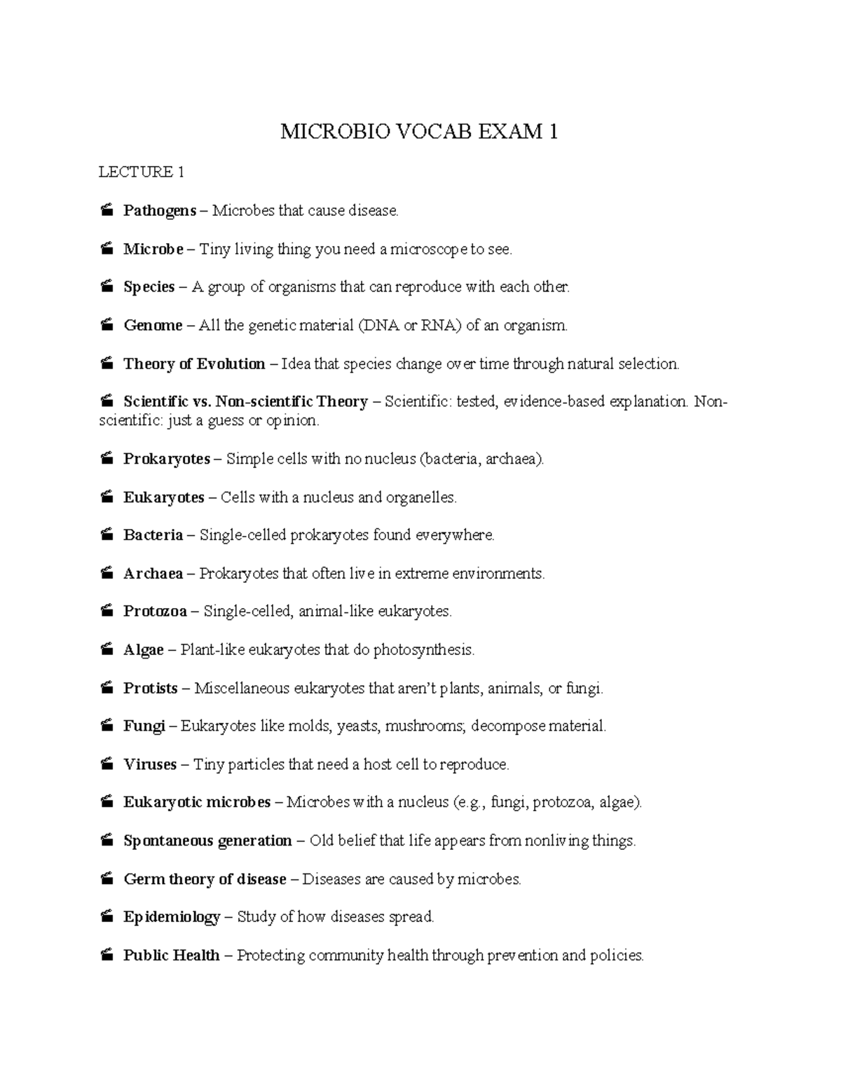 MICROBIO 101 VOCABULARY SUMMARY FOR EXAM 1: KEY TERMS & CONCEPTS - Studocu