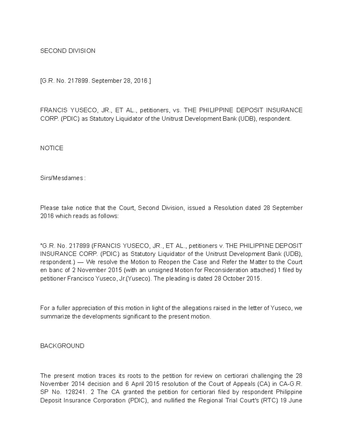 Yuseco vs. PDIC: Case Review and Court Proceedings Analysis - Studocu