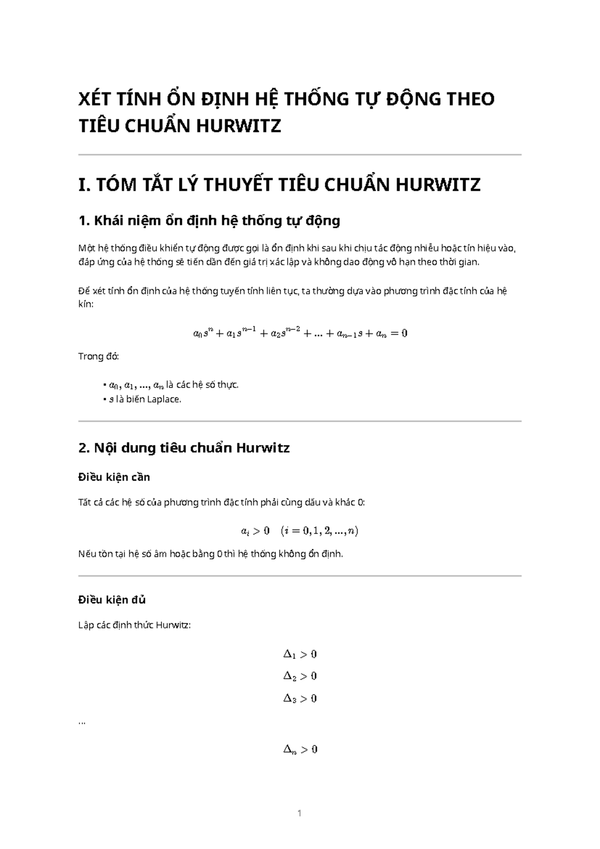 Tóm Tắt Lý Thuyết Hurwitz và Ví Dụ Chi Tiết - Hệ Thống Tự Động - Studocu