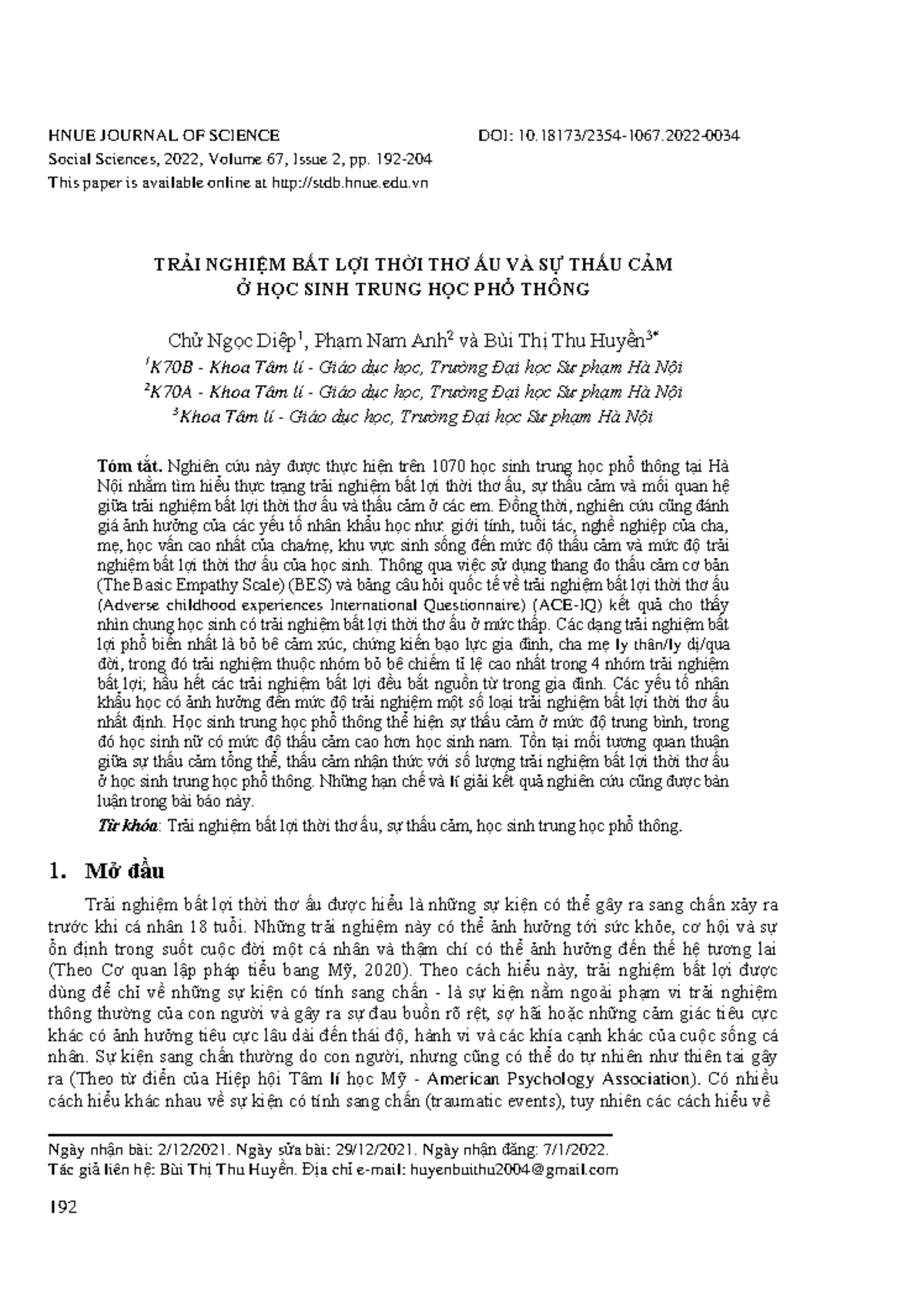 83232-Đánh giá trải nghiệm bất lợi thời thơ ấu & thấu cảm ở HS THPT ...