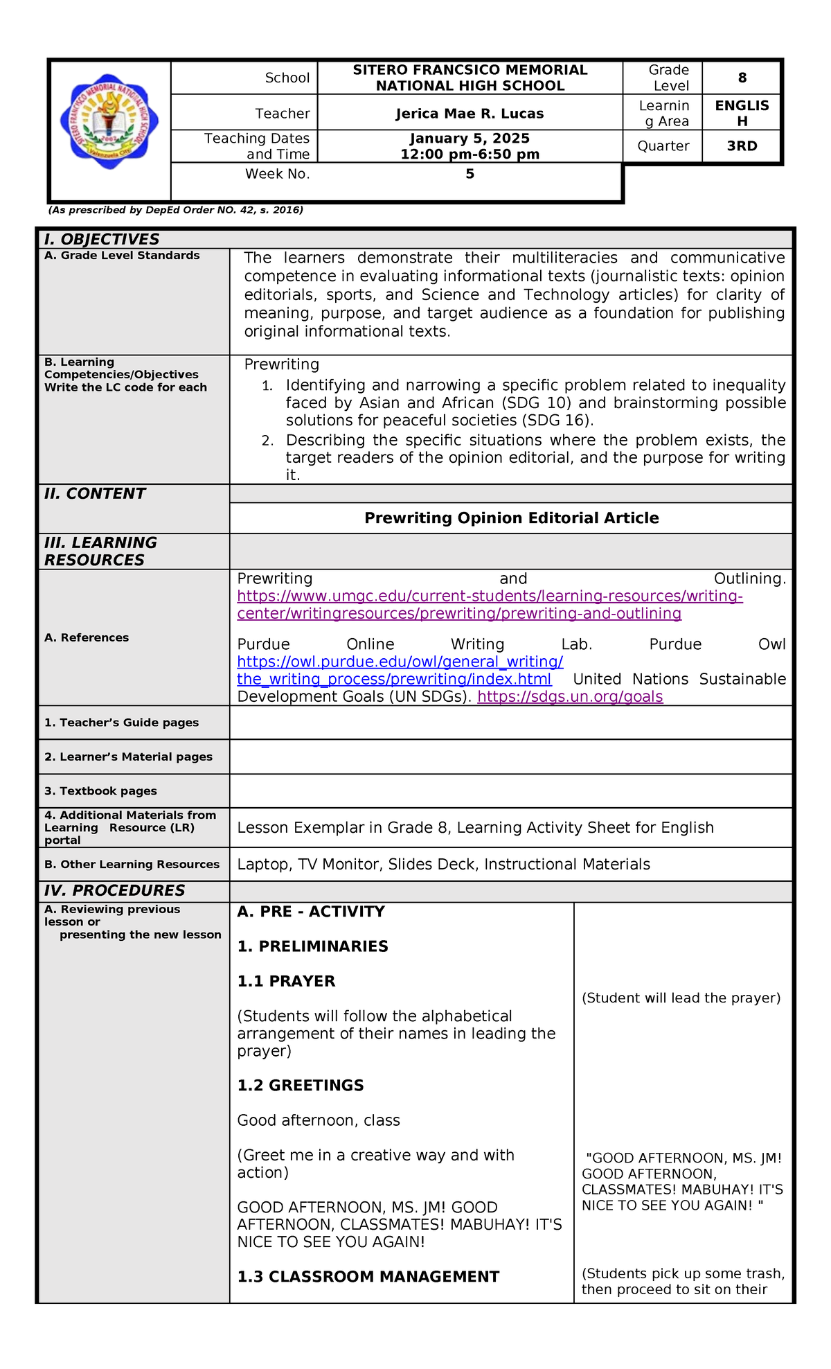 DLP WEEK 5: Detailed Lesson Plan for Grade 8 English - Studocu