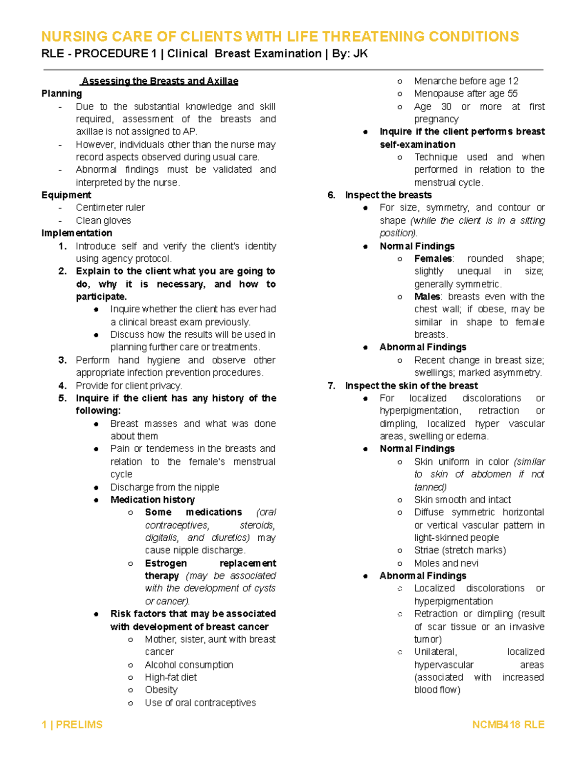 NCMB418 Clinical Breast Examination RLE Procedure Guide - Studocu