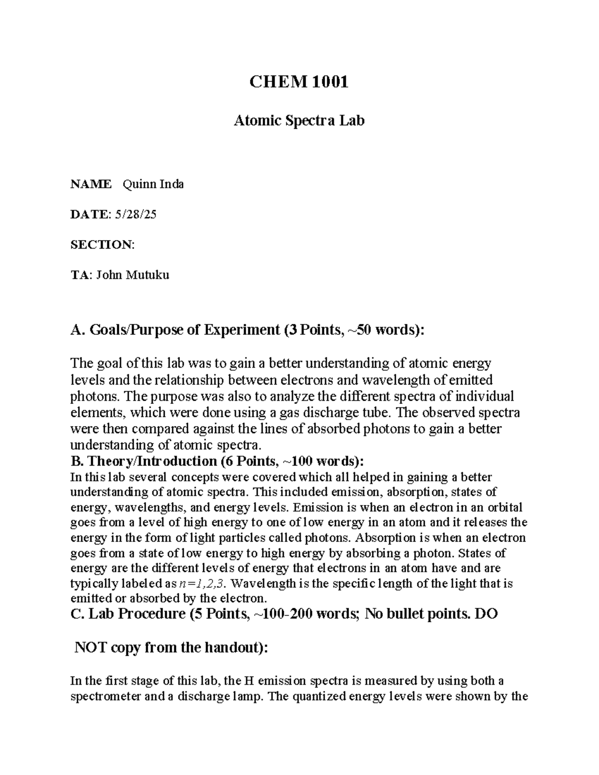 CHEM 1001 Atomic Spectra Lab Report: Understanding Emission ...