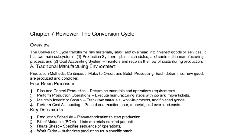 Chapter 7 Review: Overview of the Conversion Cycle in Manufacturing - Studocu