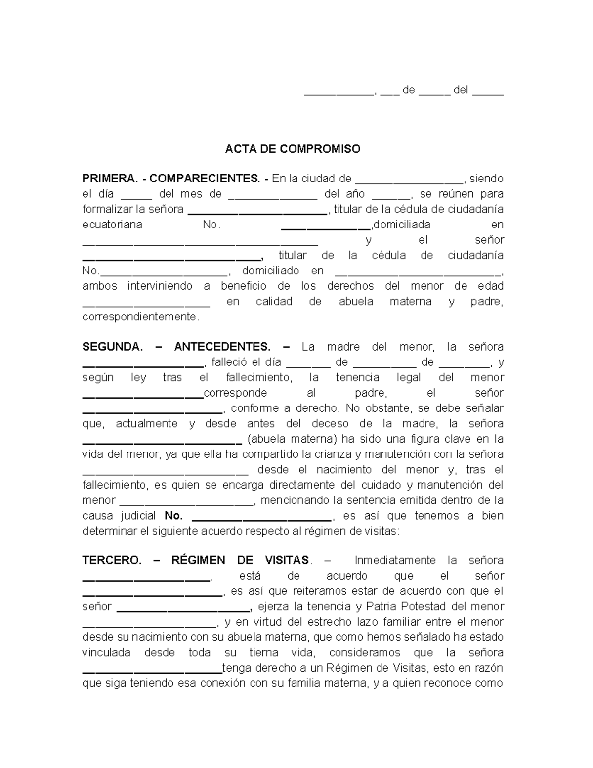 Acuerdo de Régimen de Visitas - ACTA DE COMPROMISO PRIMERA - Studocu