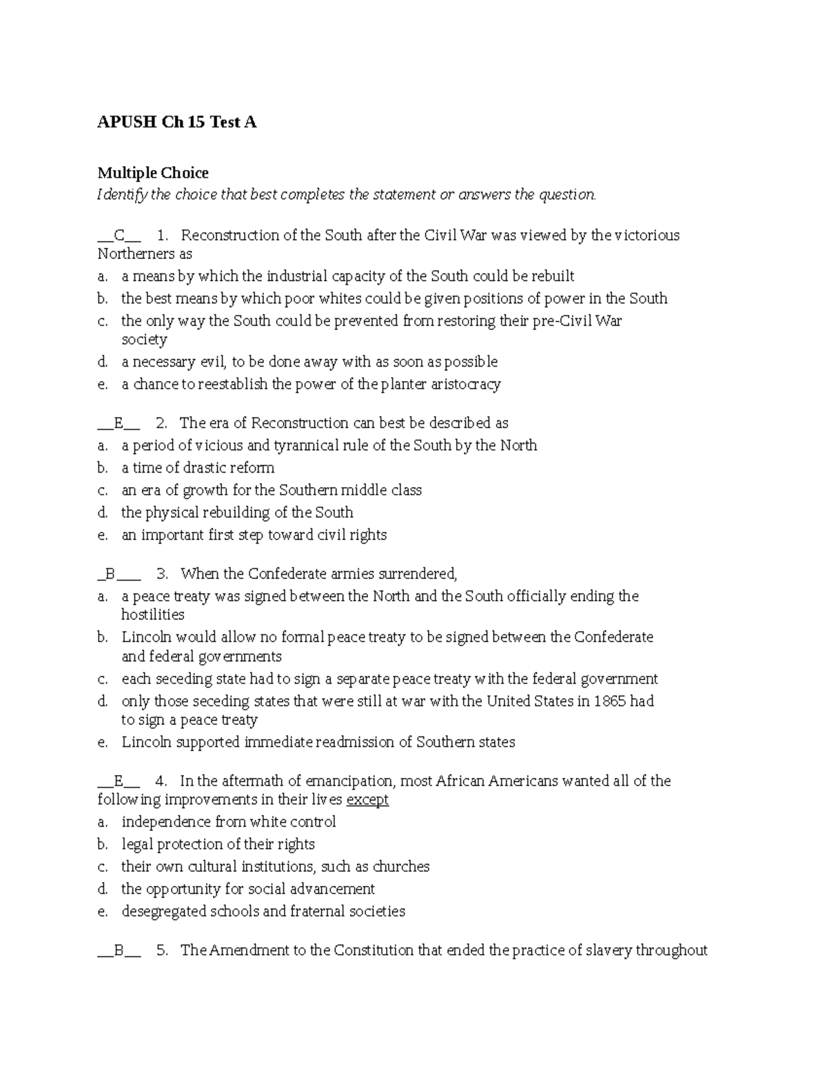 APUSH Chapter 15 Reconstruction Era Review Quiz - Studocu
