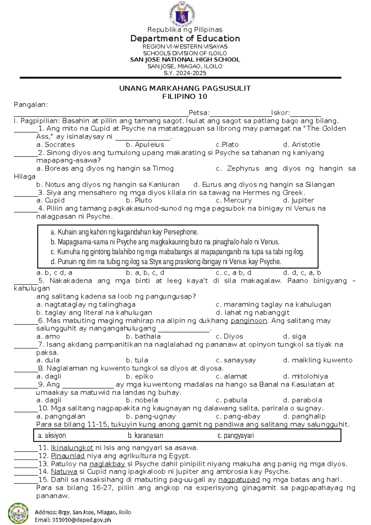 G10 TOS Q4 - FILIPINO 10 - Republic of the Philippines Department of ...