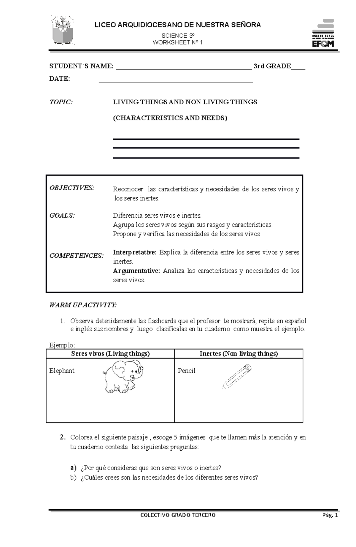 SCI 3º Worksheet Nº 1: Living vs Non-Living Things Characteristics ...