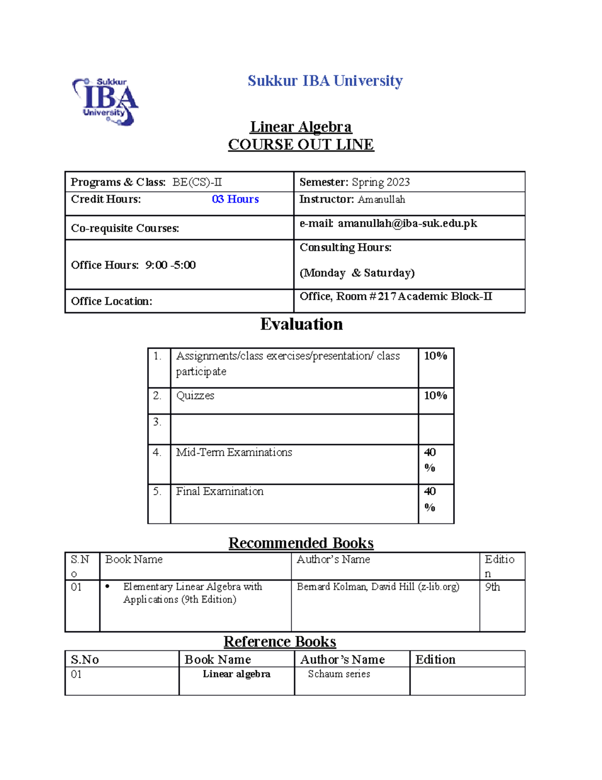 Course outline linear algebra - Sukkur IBA University Linear Algebra ...