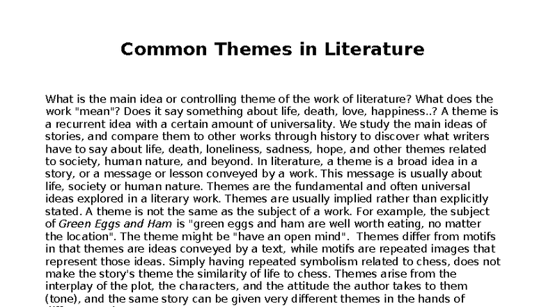 Common Themes in Literature: Exploring Universal Ideas - Studocu