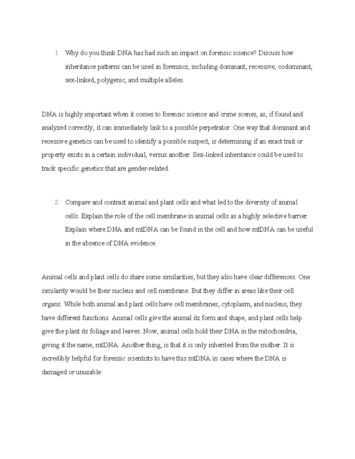 Forensic Science Unit 7: DNA Impact & Cell Comparisons Study Guide ...