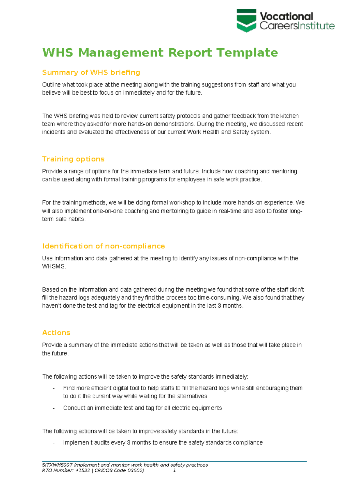 SITXWHS007 WHS Management Report: Meeting Summary & Action Plan - Studocu