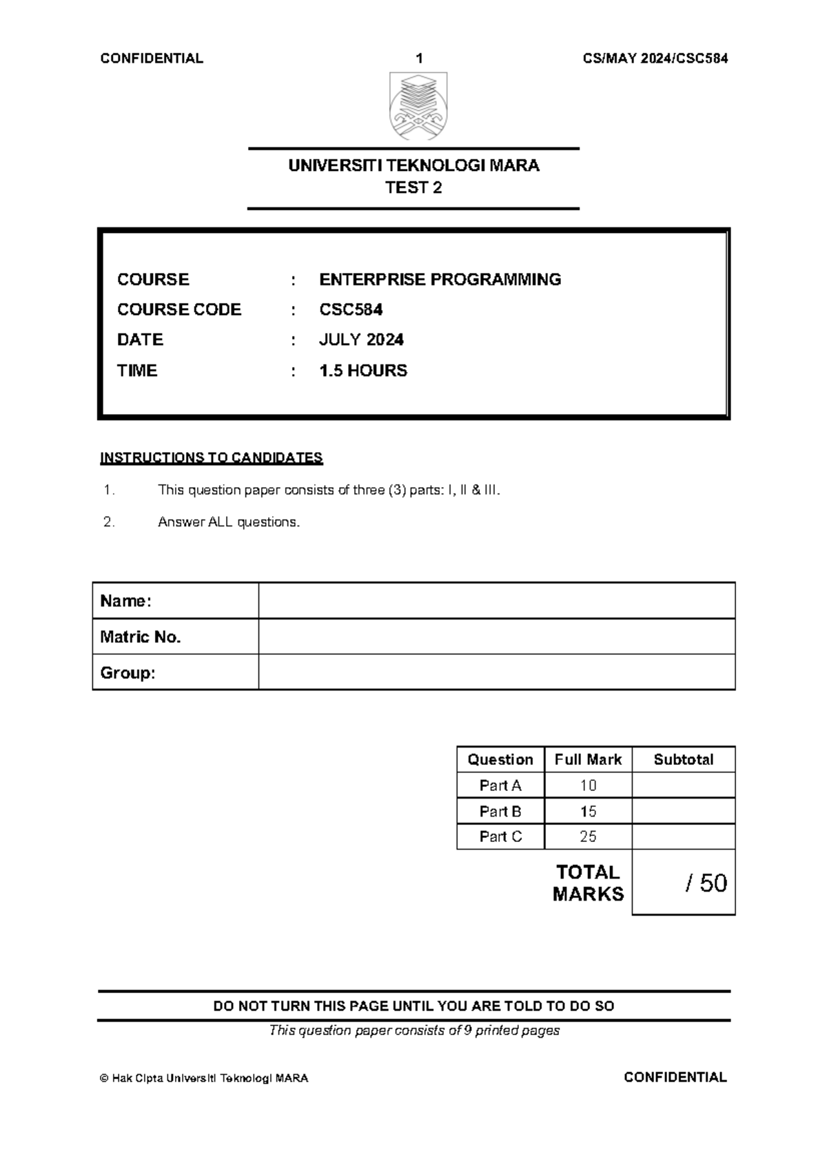 Csc584 T2 Question Test 2 For Enterprise Programming Confidential 1 Csmay 2024 Csc 584 