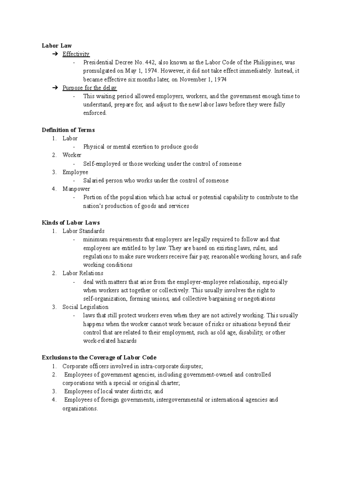 Labor Law Summary: Effectivity of PD No. 442 (Labor Code) - Studocu