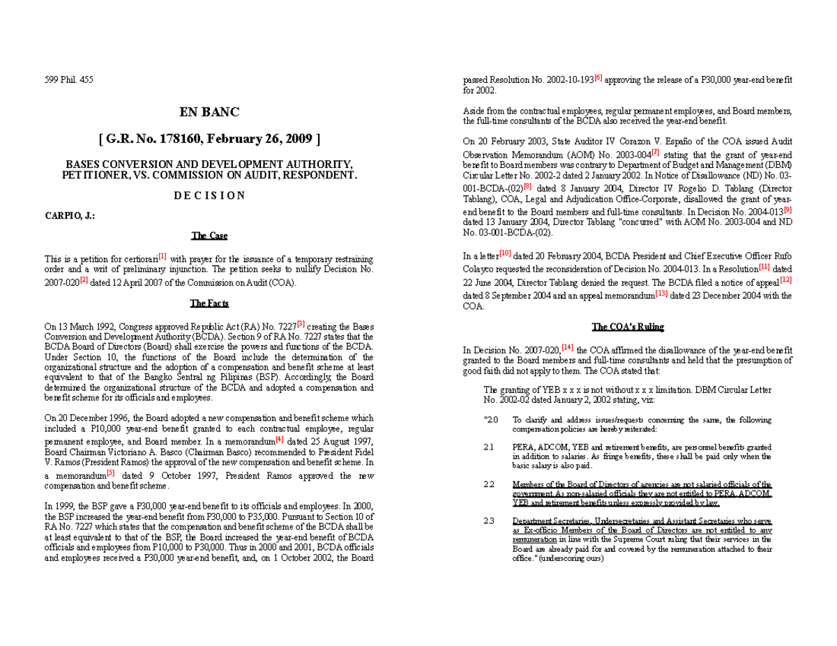 Bases Conversion Development Authority v. Commission on Audit: G.R. No. 178160 - Studocu