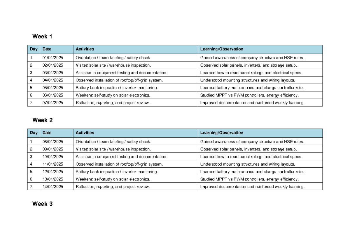Solar Internship Logbook: Weekly Activities & Reflections - Studocu