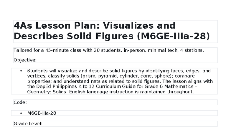 4As Lesson Plan: Visualizing Solid Figures for Grade 6 Math - Studocu