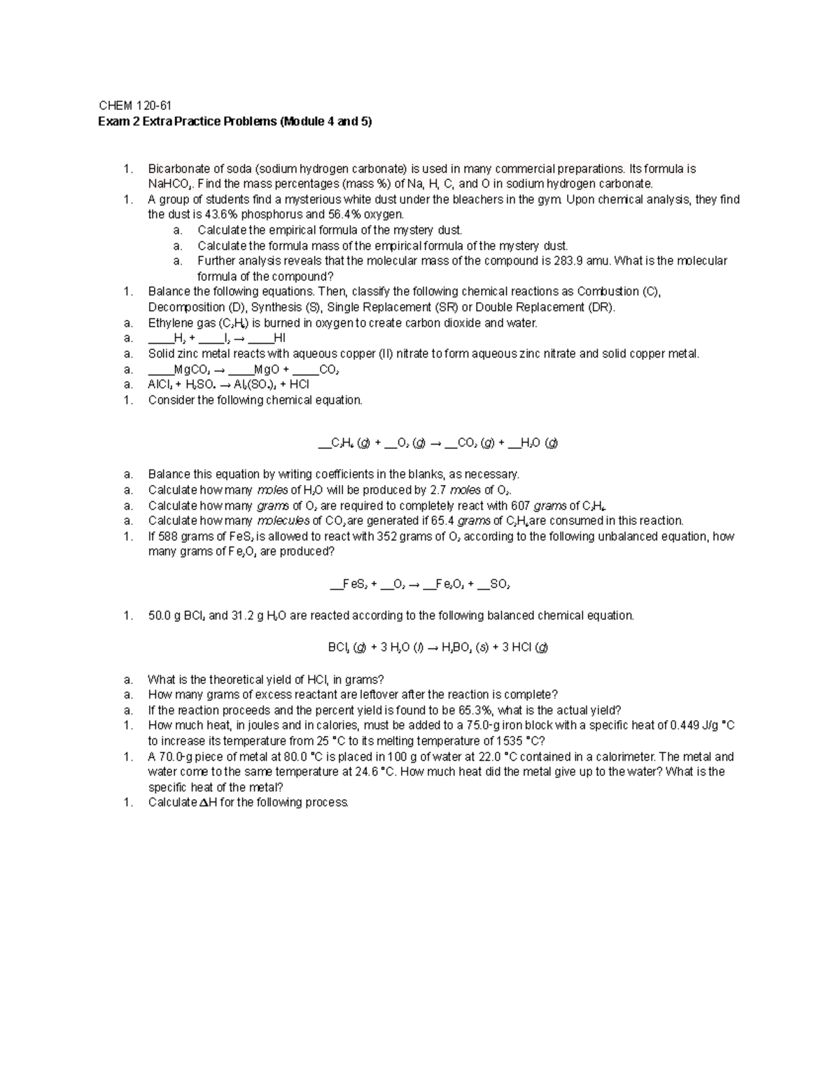 CHEM 120-61 Exam 2 Extra Practice Problems (Modules 4 & 5 Review) - Studocu