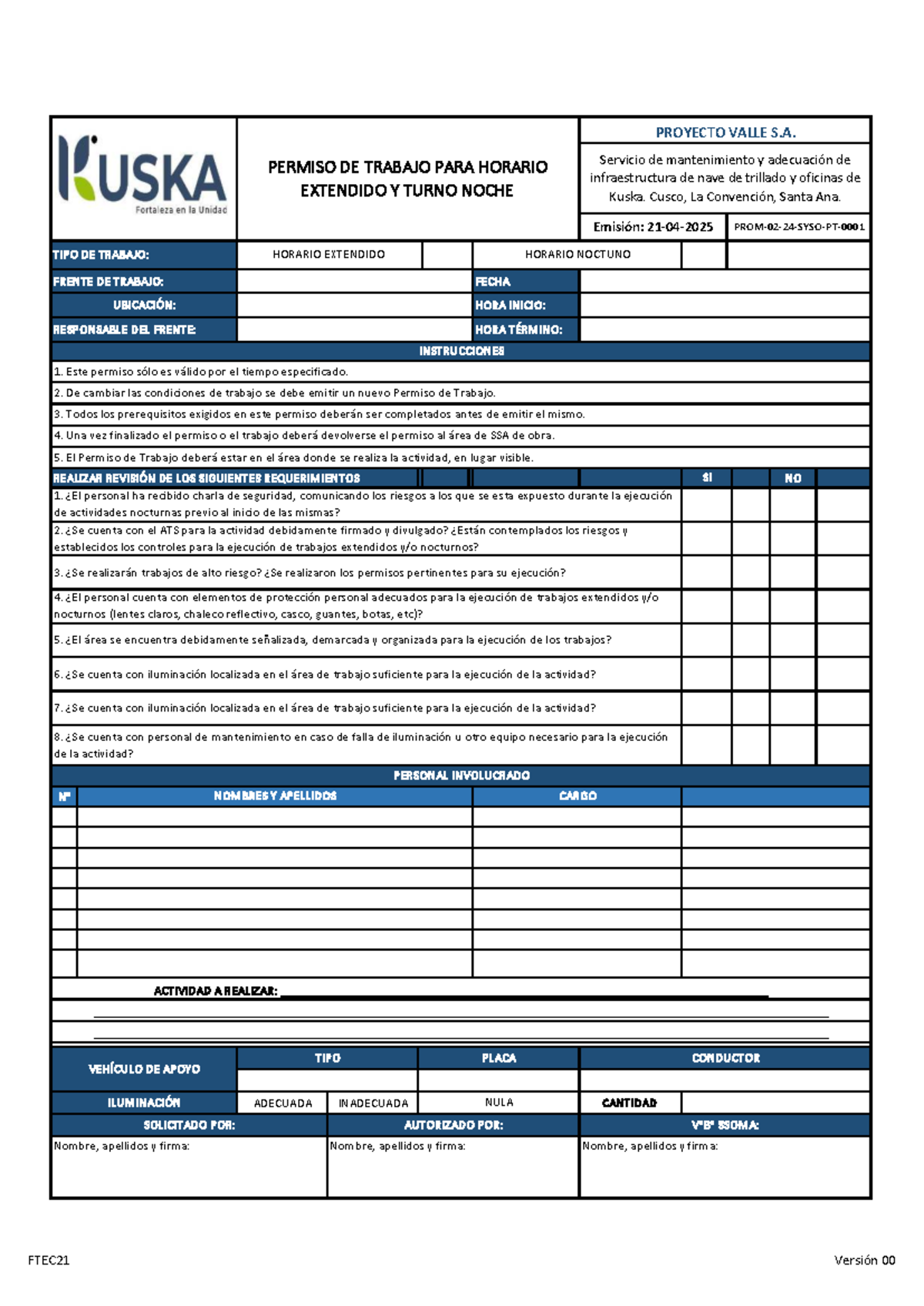 Permiso de Trabajo Nocturno - Proyecto Valle S.A. FTEC21 - Studocu