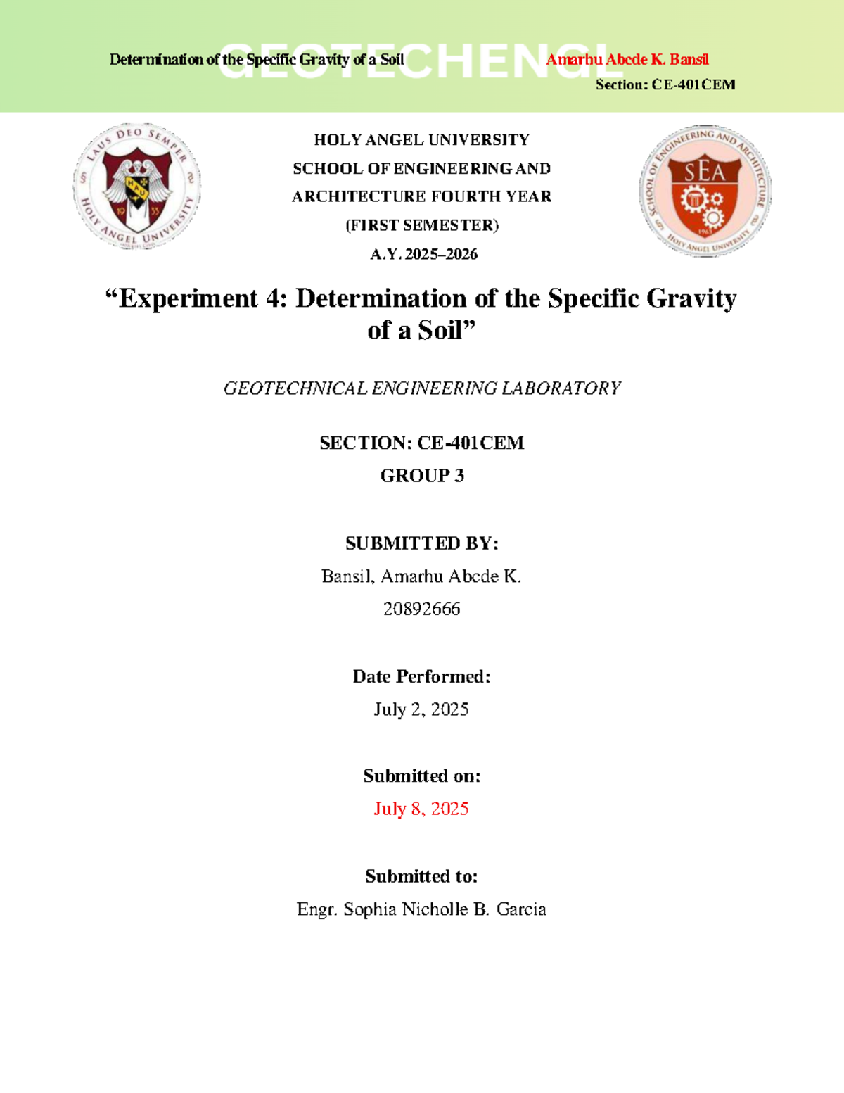 GEO 4: Specific Gravity Determination of Soil Using Pycnometer - Studocu