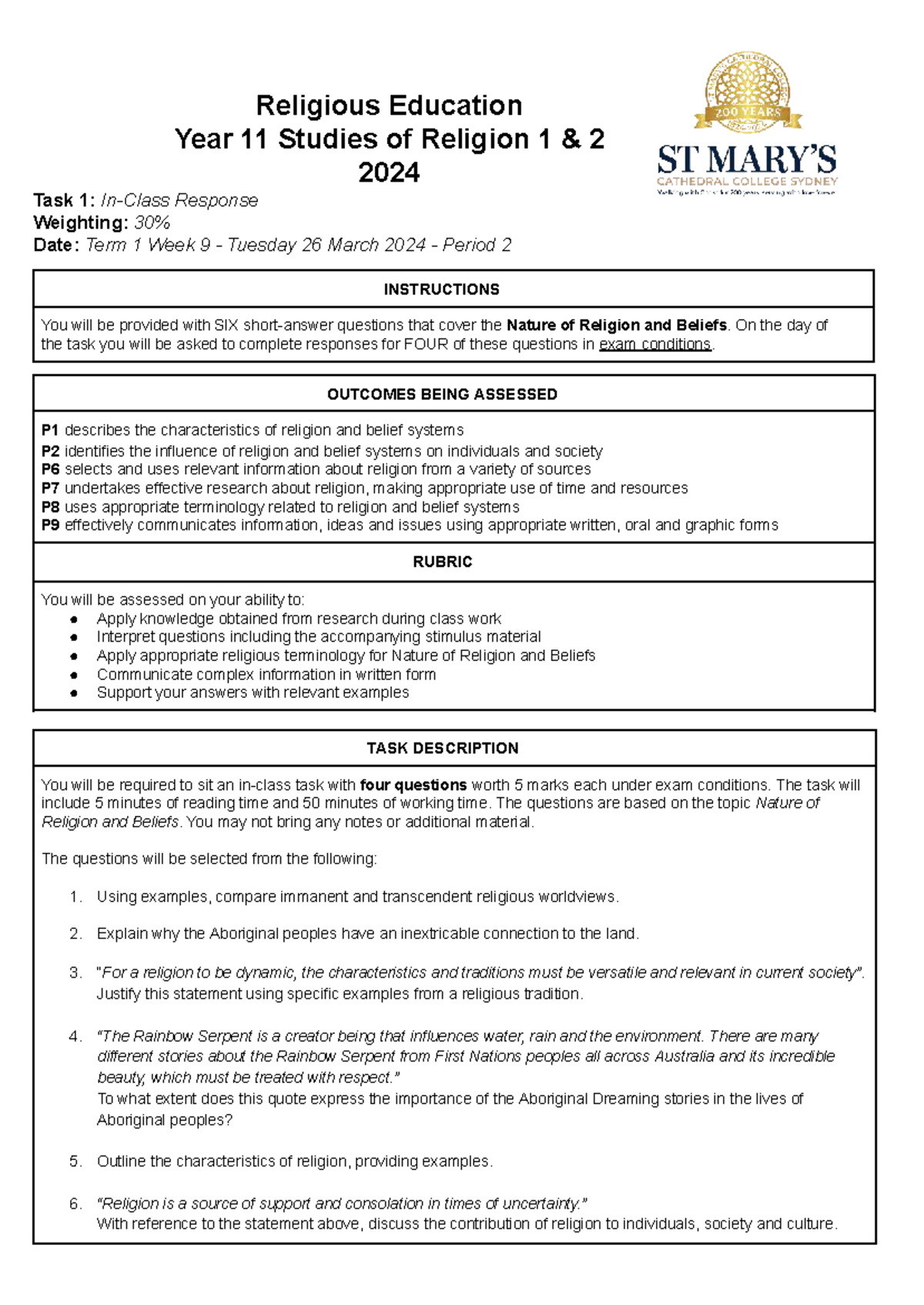 Year 11 SOR 1&2 Task 1: Nature of Religion & Beliefs Assessment 2024 ...