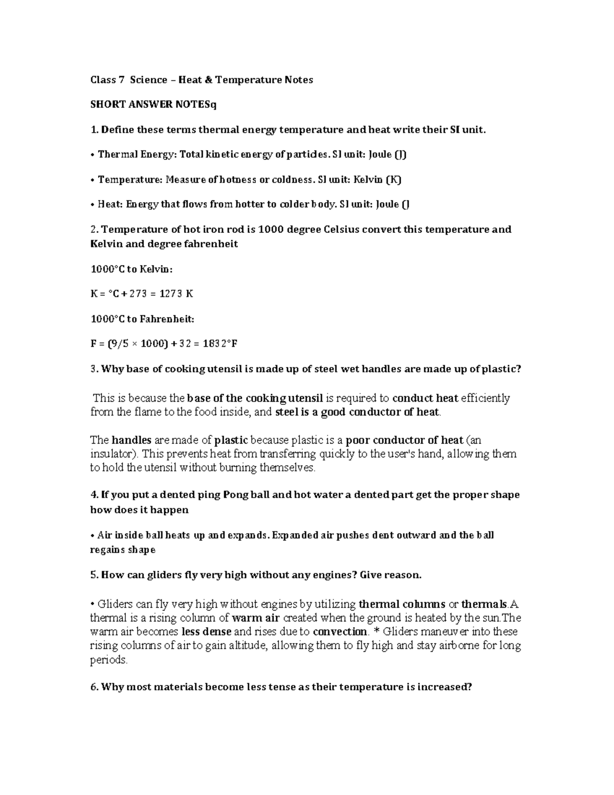 Class 7 Science: Heat & Temperature Short Answer Notes - Studocu