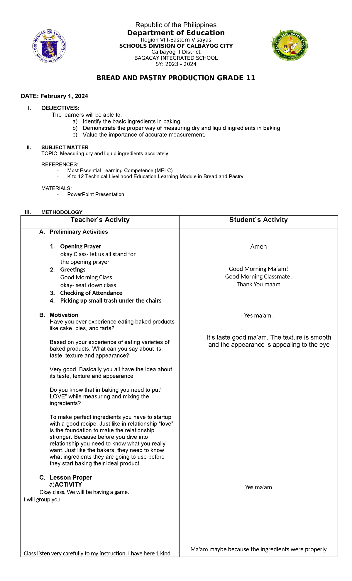 BPP 1 - Lesson Plan on Measuring Ingredients for Baking - Studocu