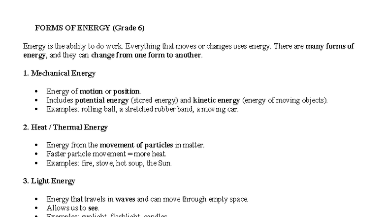 Forms of Energy Worksheet (Grade 6) - Studocu