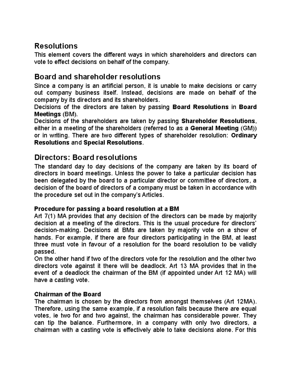 Directors' Board Resolutions and Shareholder Decision-Making Process ...