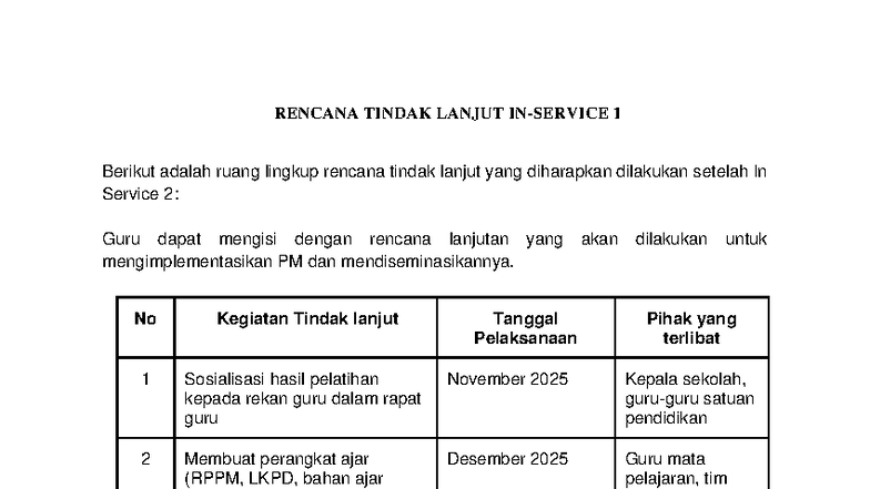 Rencana Tindak Lanjut (RTL) In Service 2 - PTK 2025-2026 - Studocu