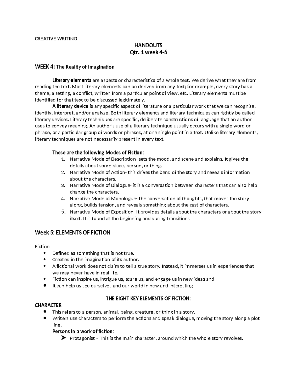 Creative Writing Handouts Qtr. 1: Week 4-6 - Literary Elements ...