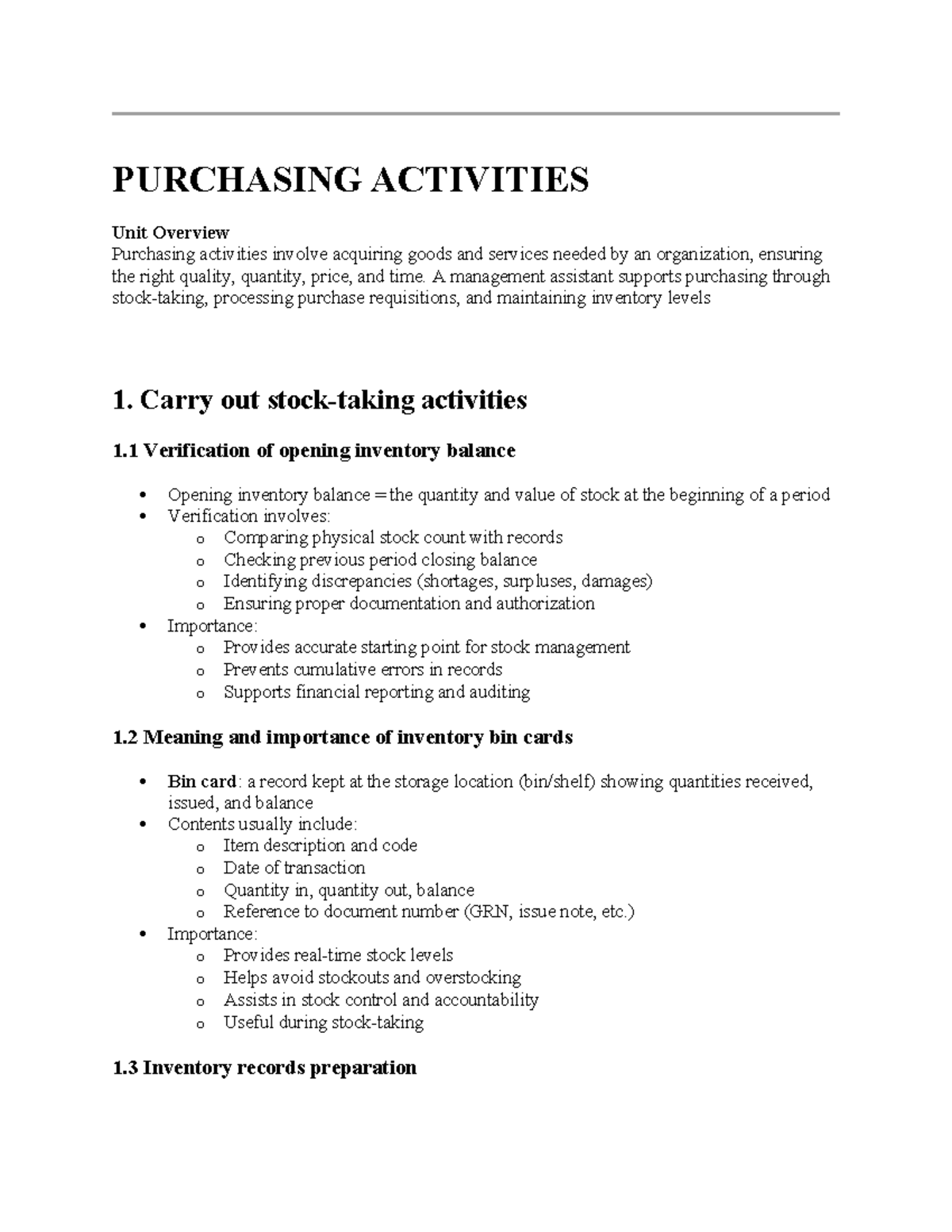 Purchasing Activities Overview: Key Concepts and Processes - Studocu