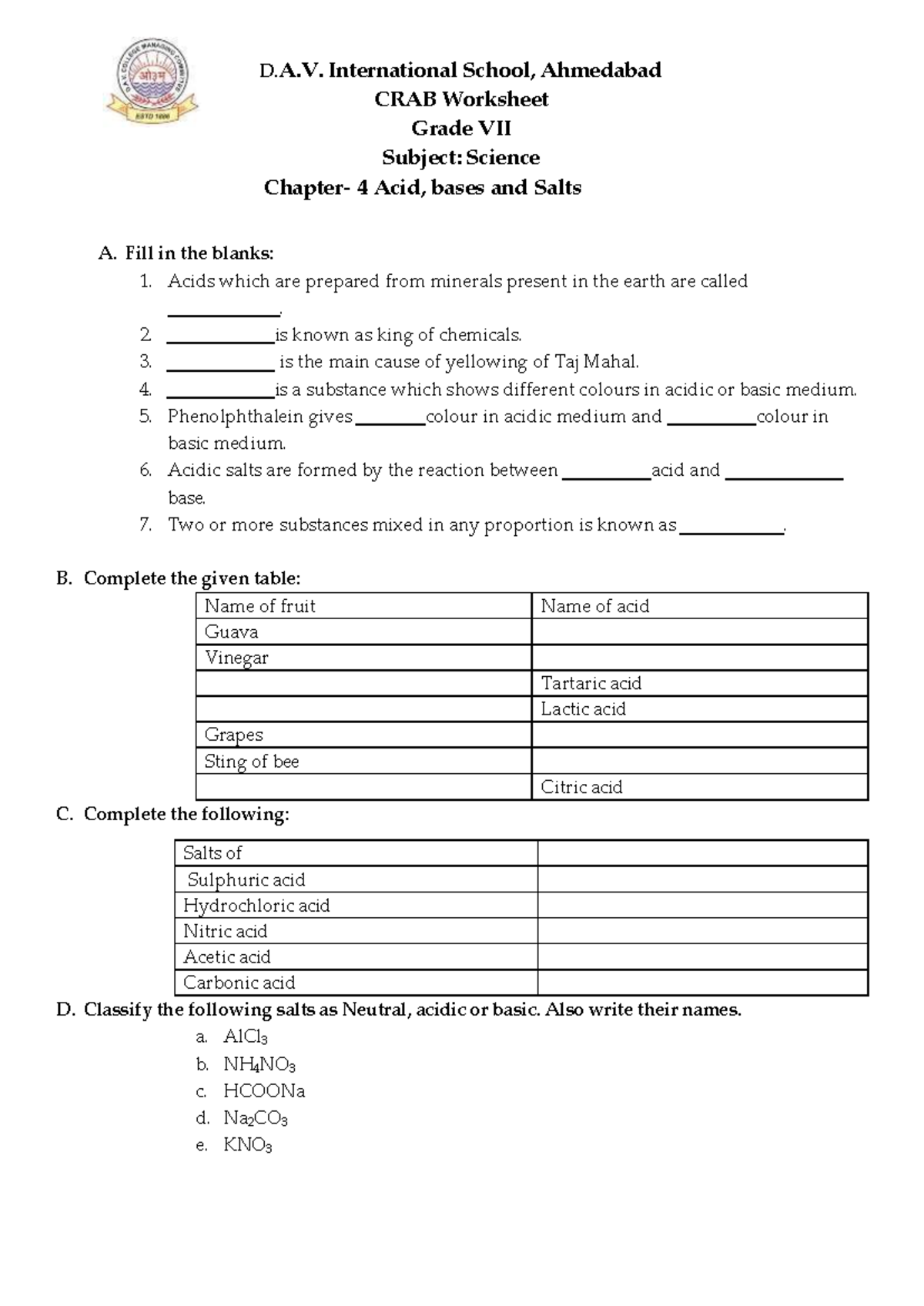 CRAB Worksheet Grade VII Science: Acids, Bases & Salts (CH-4) - Studocu