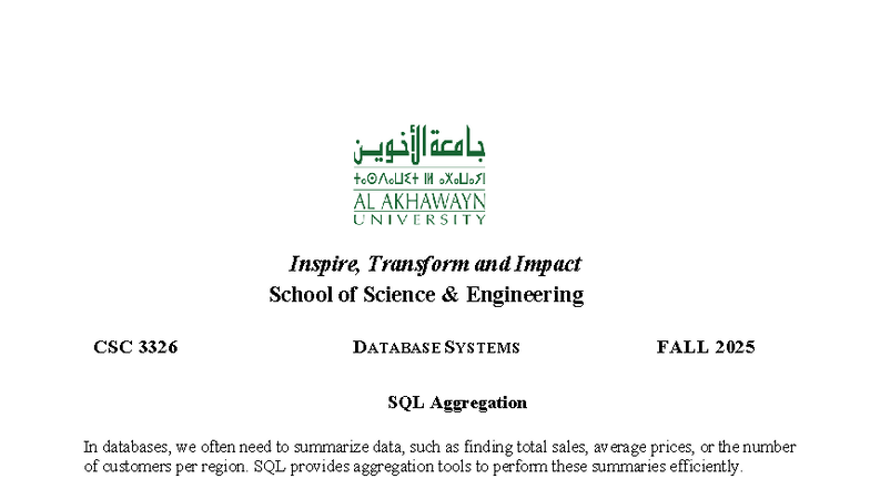 CSC 3326 DATABASE SYSTEMS FALL 2025 SQL Aggregation Worksheet 4 - Studocu