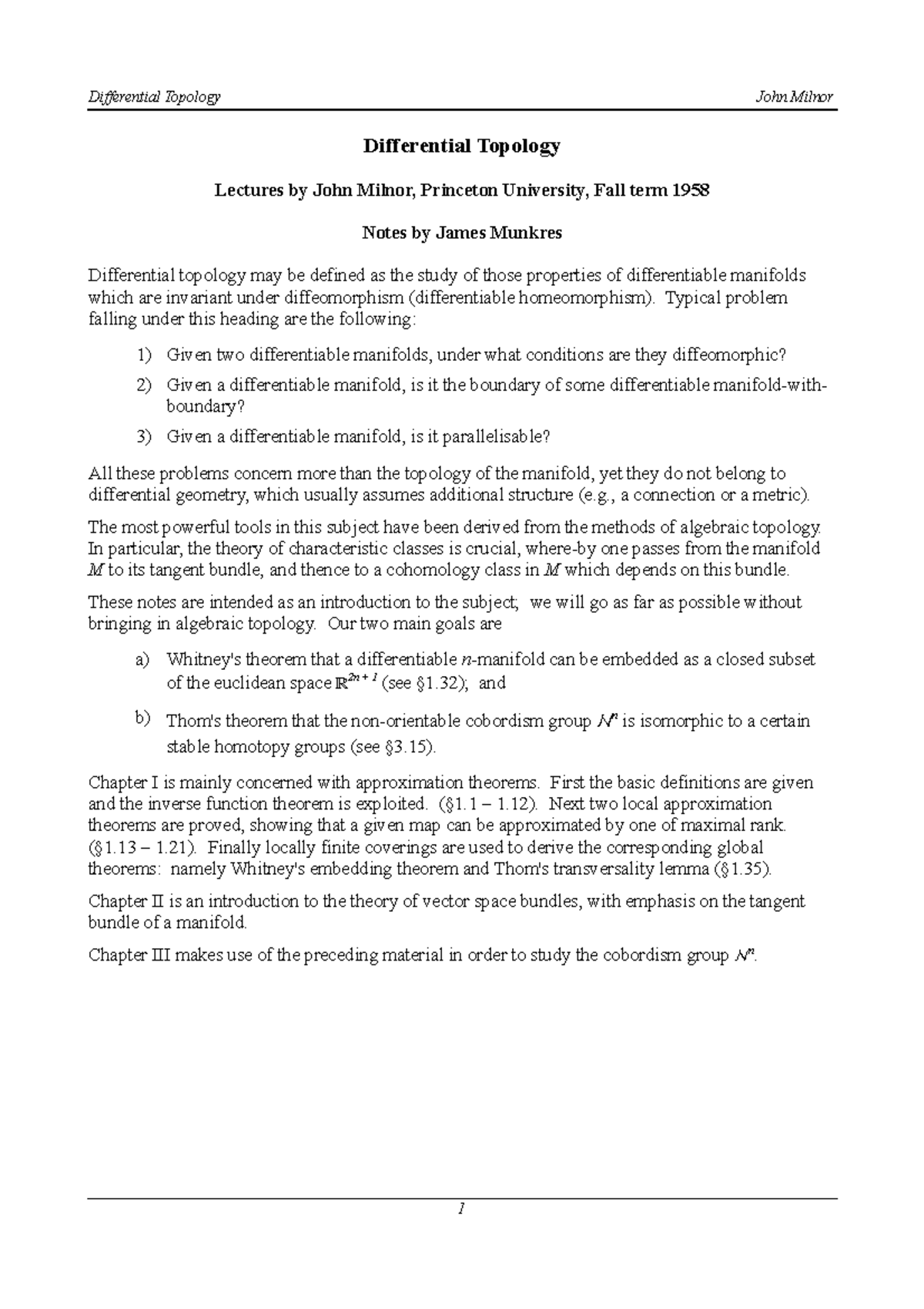Differential Topology Lecture Notes by John Milnor (Fall 1958) - Studocu