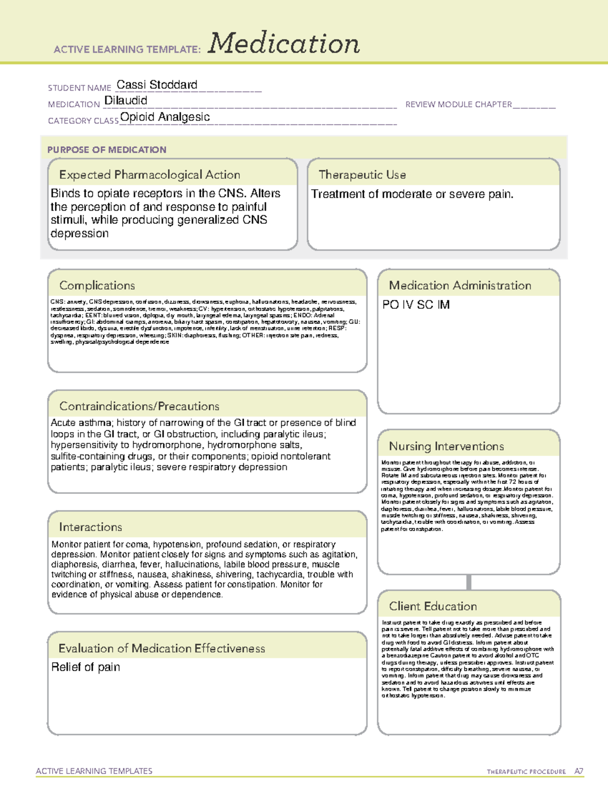 Dilaudid - ATI Active Learning Template for Medications - Studocu