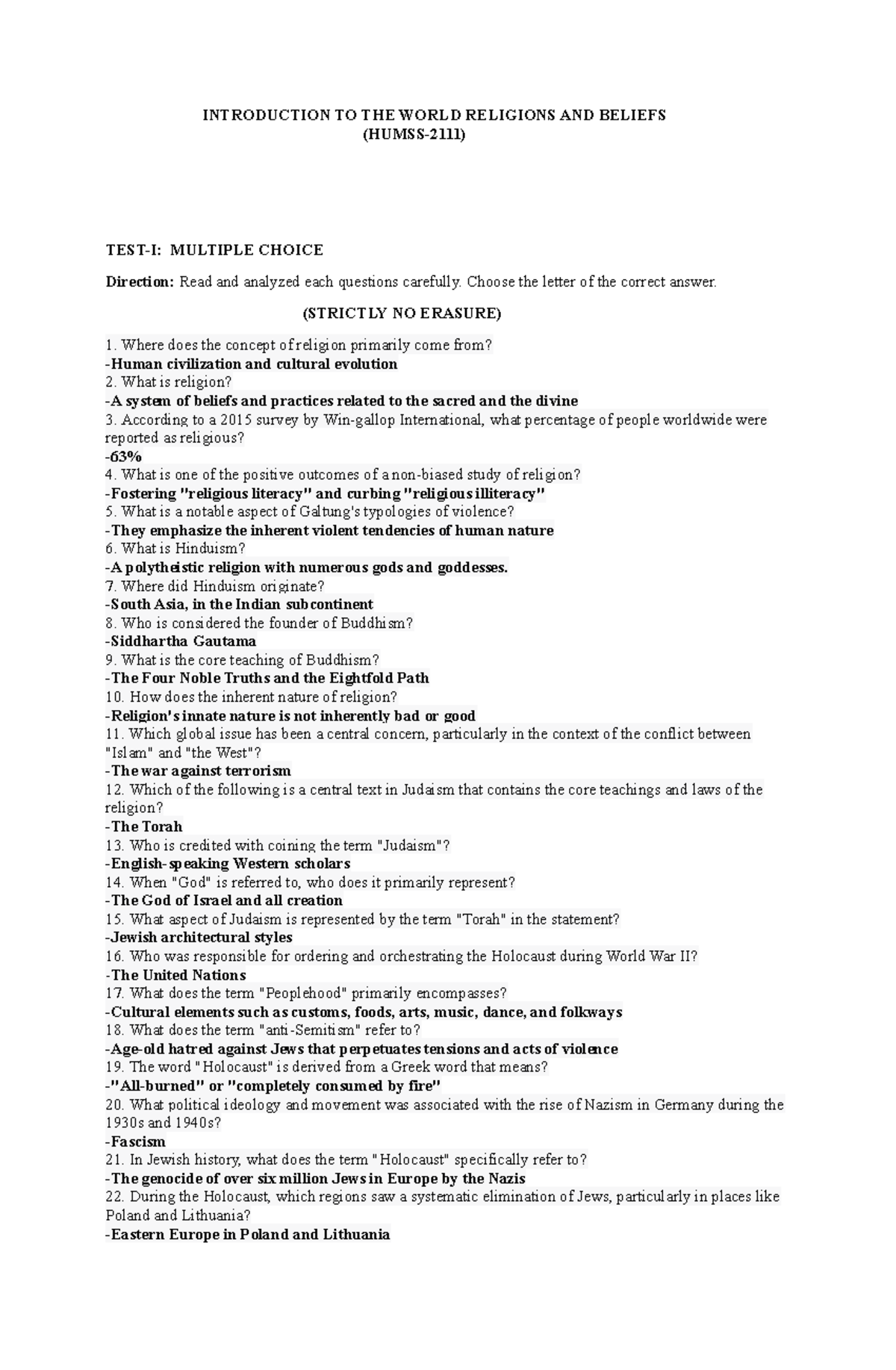 Grade 11 HUMSS 1st Quarter Examination: World Religions and Beliefs ...