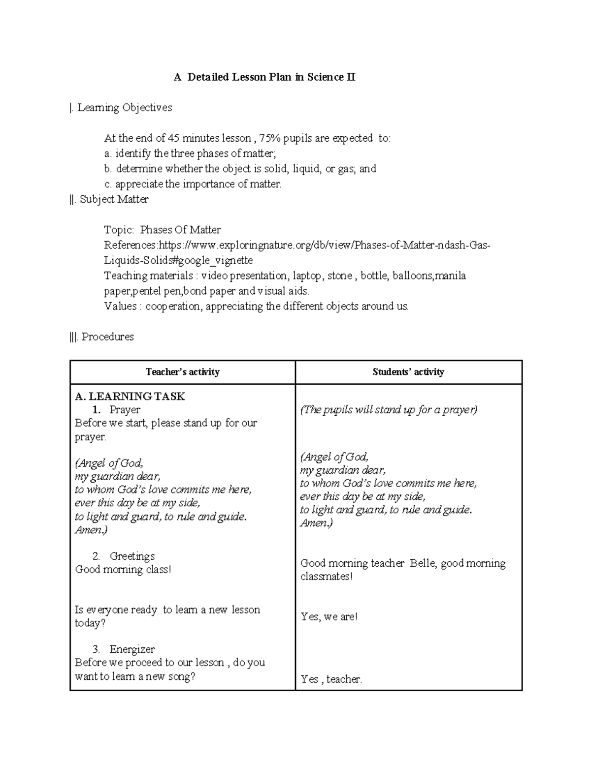 Science II Lesson Plan: Understanding Phases of Matter Details - Studocu