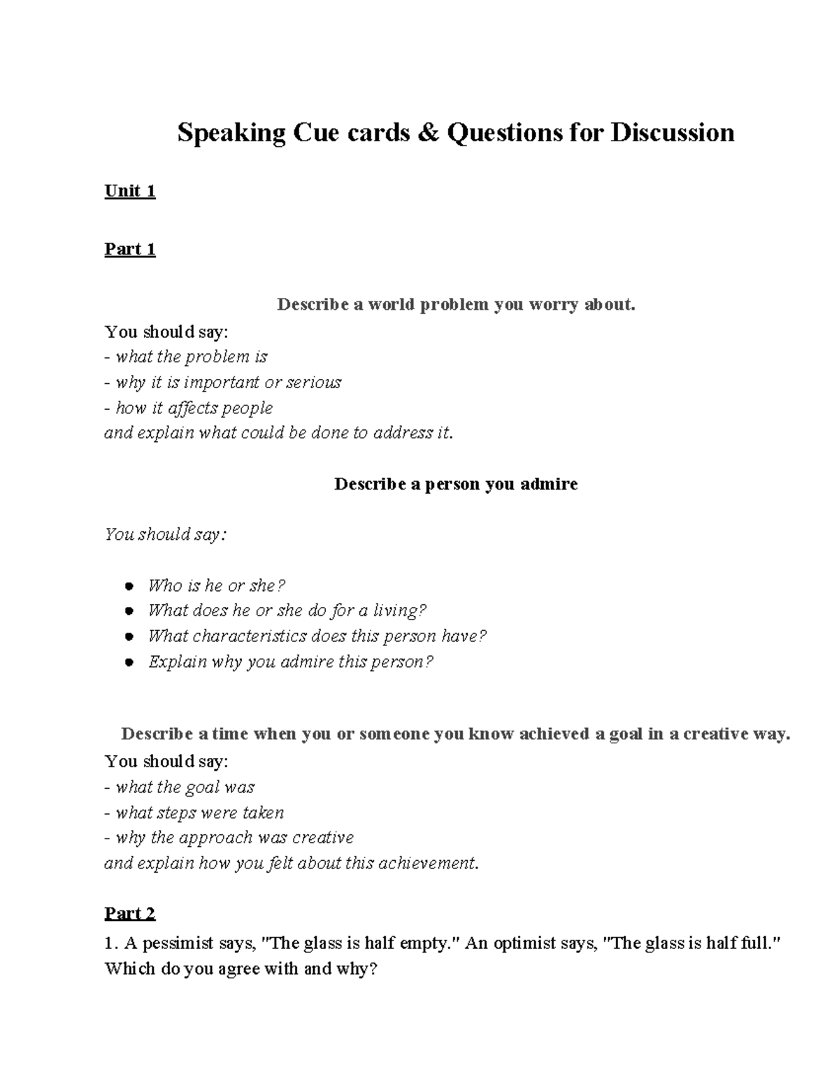 ENT403 Speaking Cue Cards & Discussion Questions: Units 1-9 - Studocu