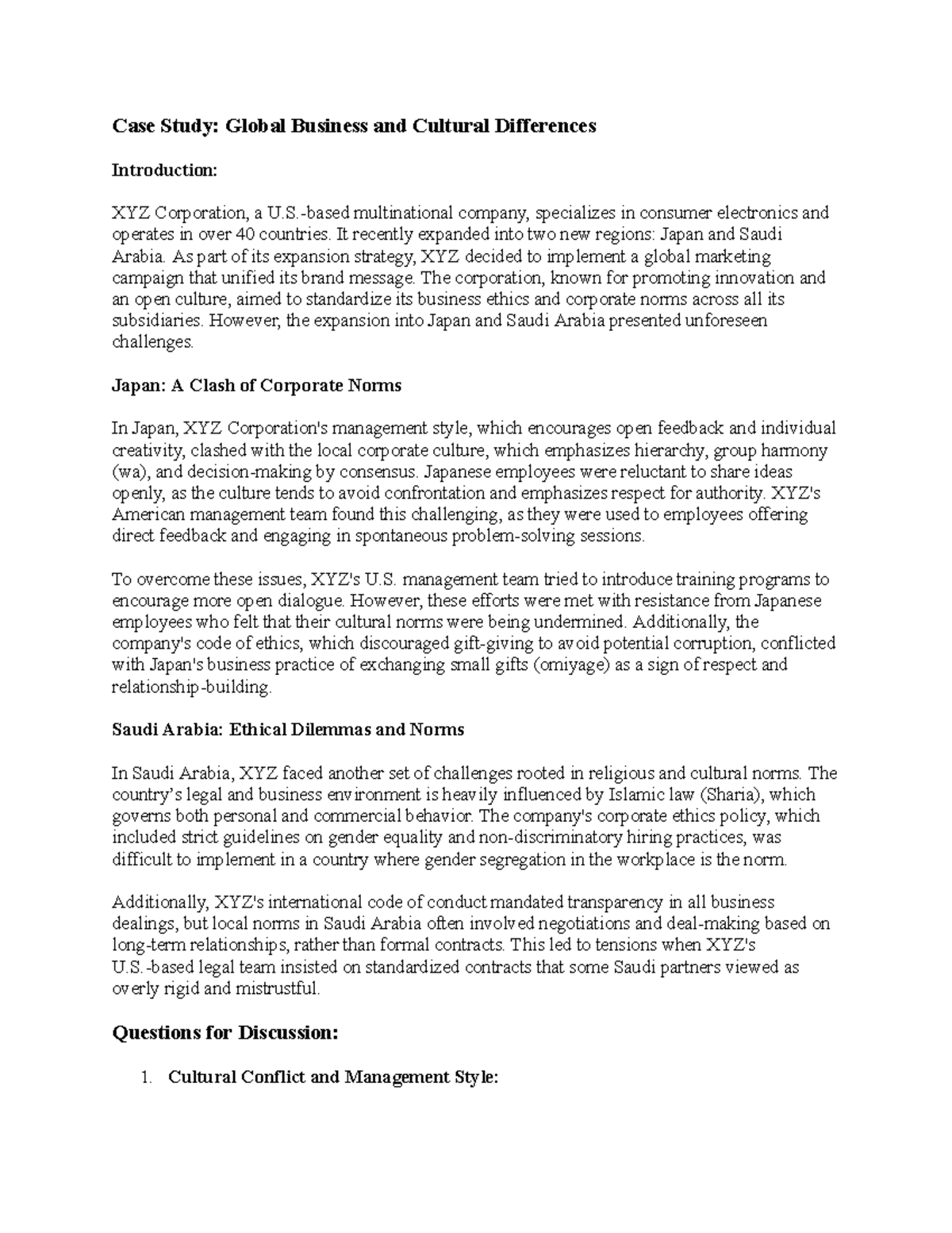 Case Study: Navigating Global Business & Cultural Differences - XYZ ...