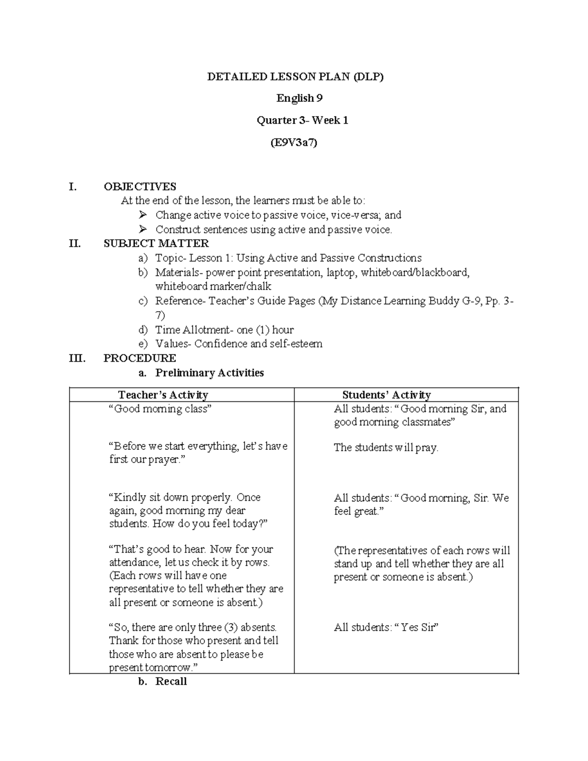 DETAILED LESSON PLAN (DLP) English 9 Week 1: Active & Passive Voice - Studocu