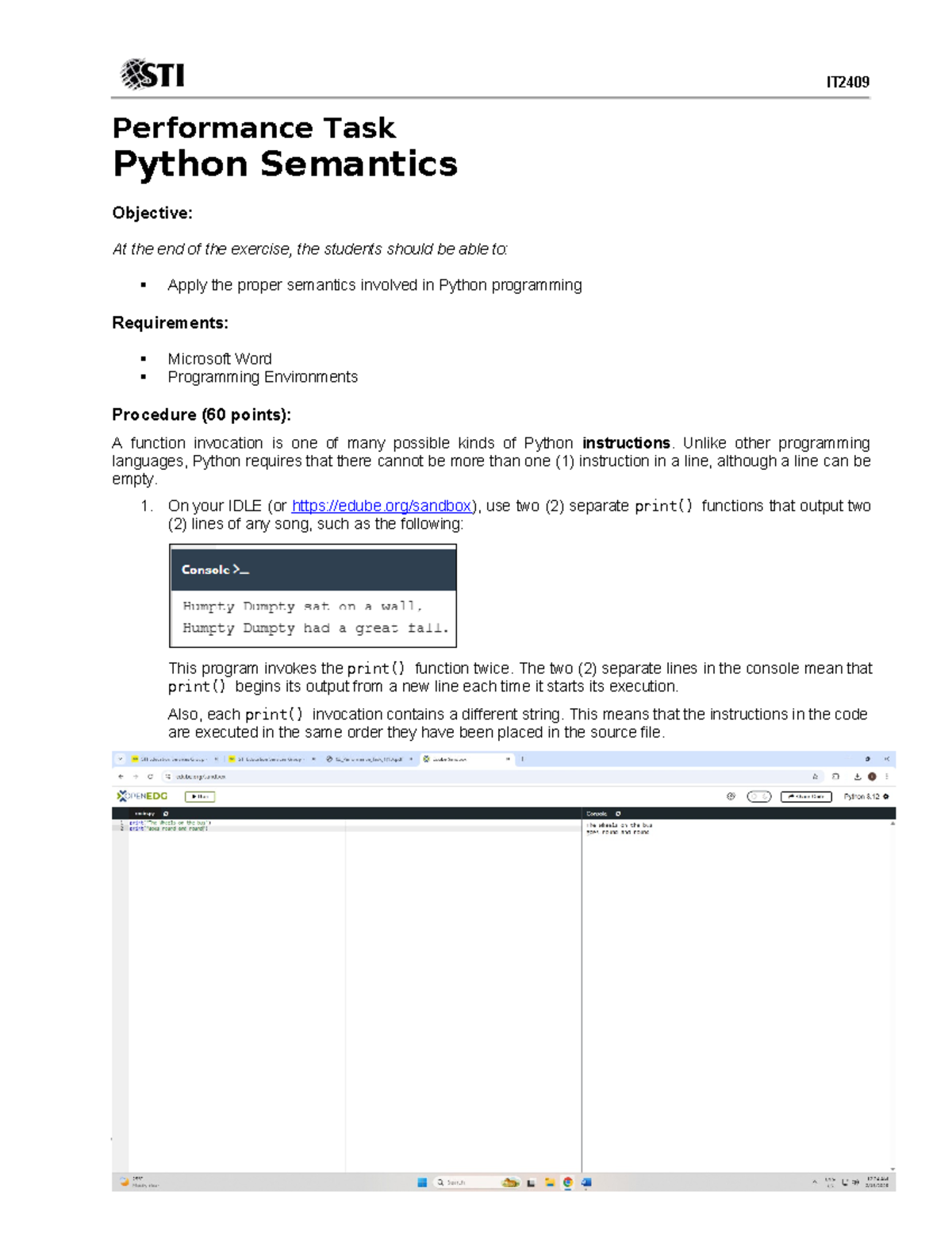 IT2409 Performance Task: Understanding Python Semantics - Studocu